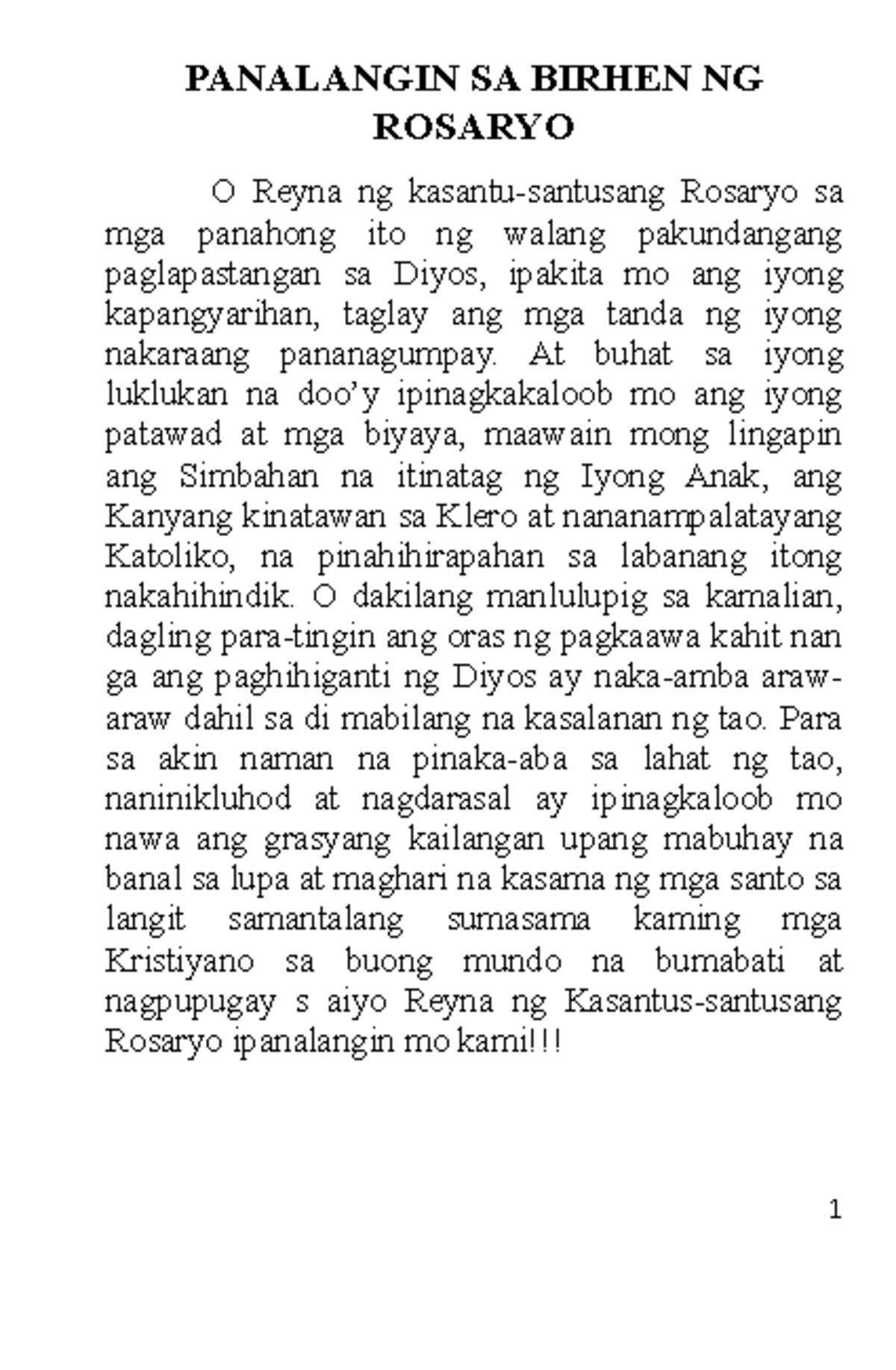 Ang Rosaryo ng Mag anak - Rosary - PANALANGIN SA BIRHEN NG ROSARYO O ...