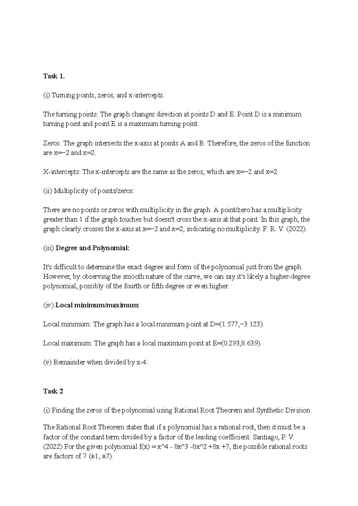 Math Assignment Unit 4 Algebra - Task 1. (i) Turning points, zeros, and x-intercepts: The ...
