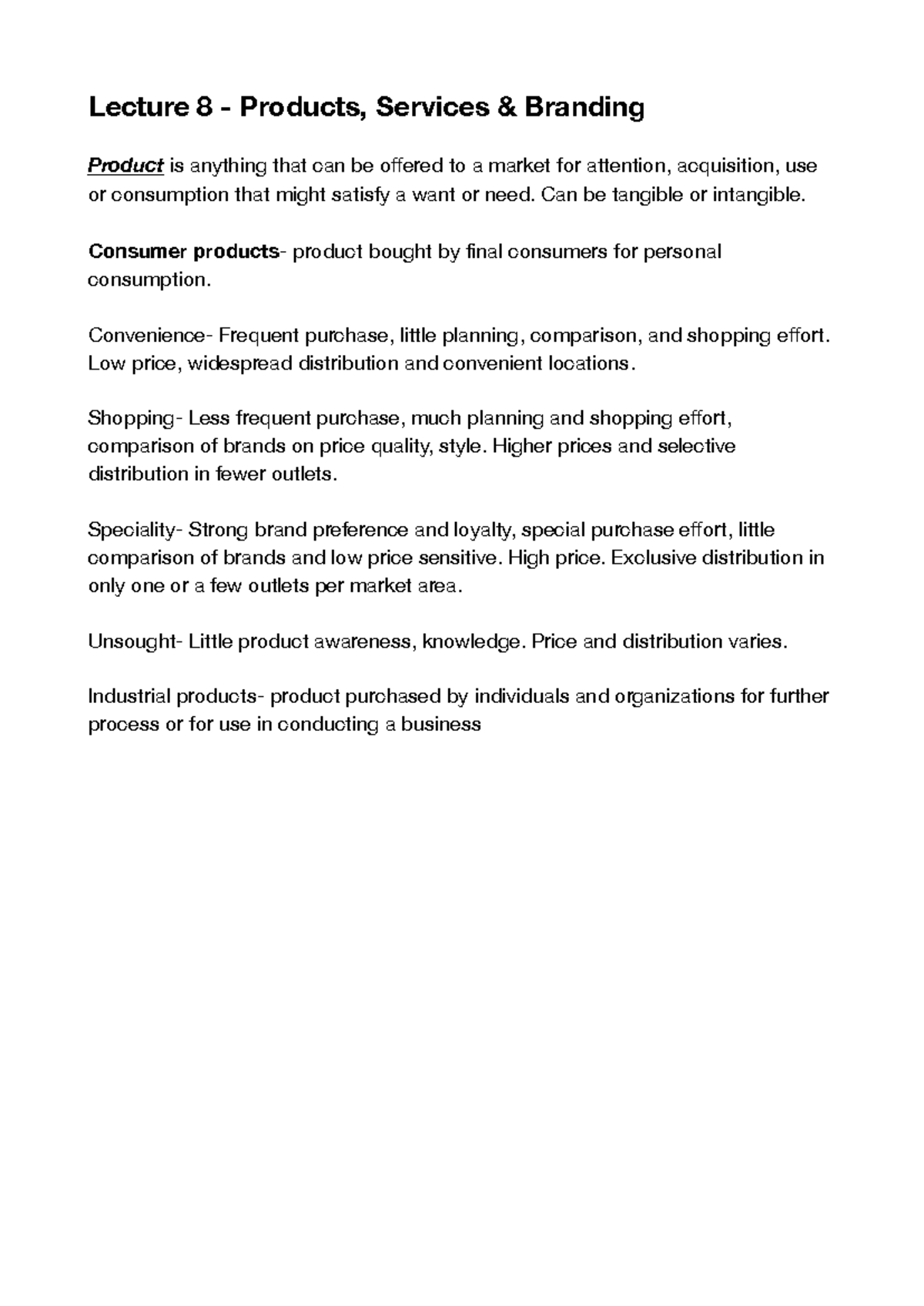 MKTG1001 Final revision notes - Lecture 8 - Products, Services ...