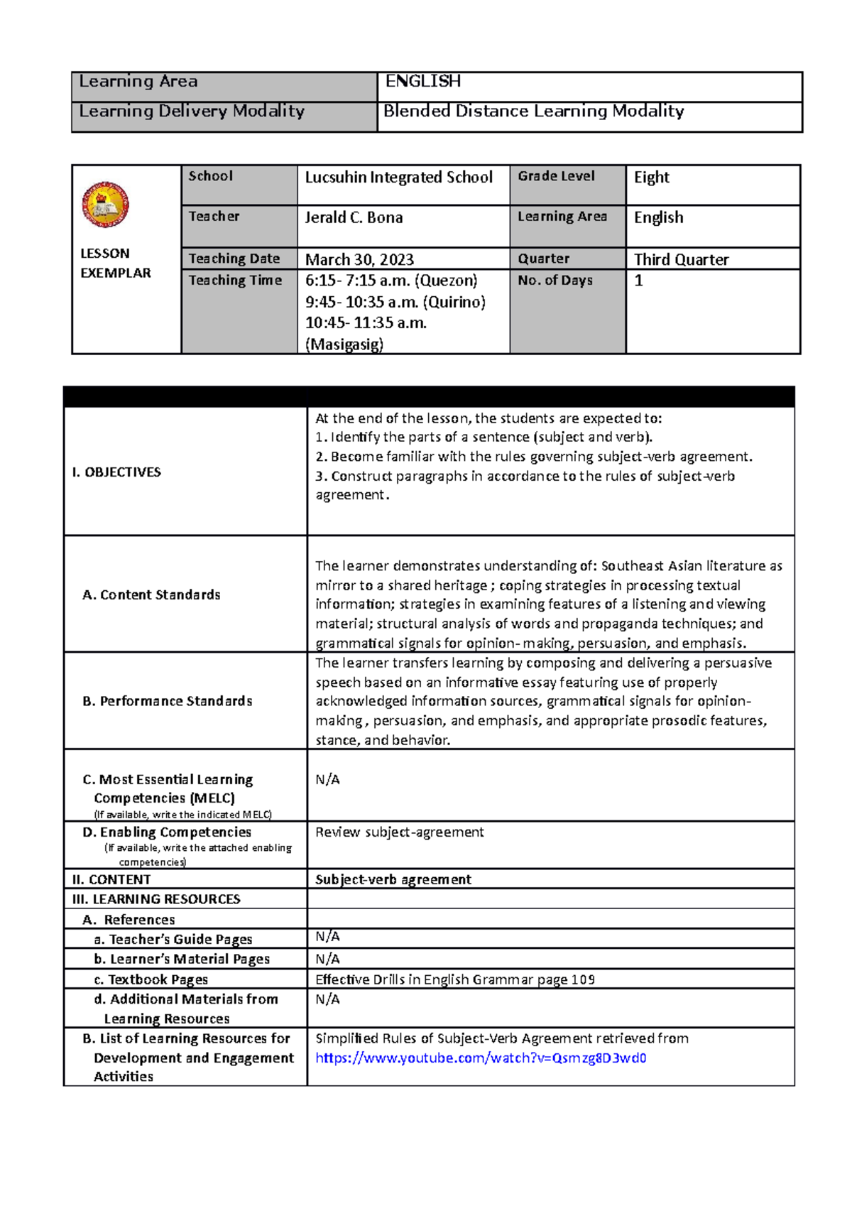 DLP-Week 7 (Day 4) - Subject-Verb Agreement - Learning Area ENGLISH ...