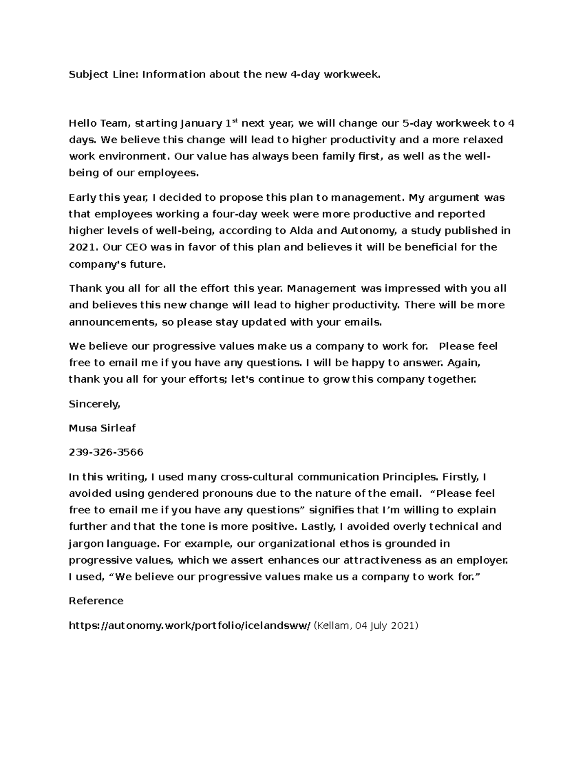 Wgu 270 - Task 1 - Subject Line: Information about the new 4-day ...