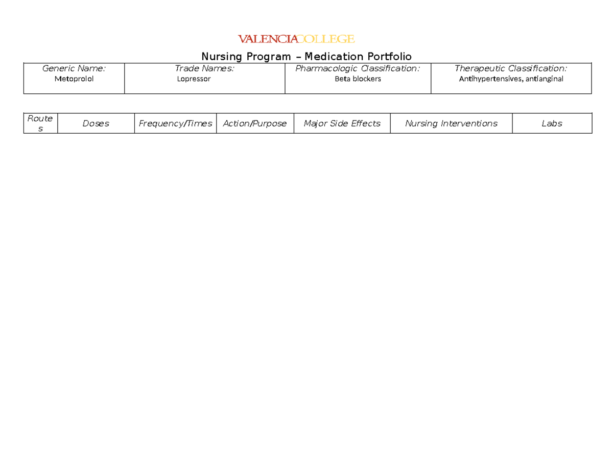 Metoprolol - Medication card - Nursing Program – Medication Portfolio ...