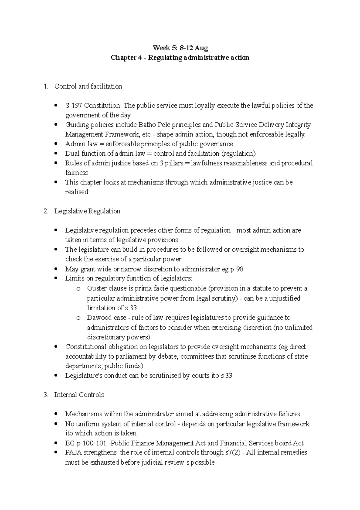 Week 5 Notes - Week 5: 8-12 Aug Chapter 4 - Regulating administrative ...