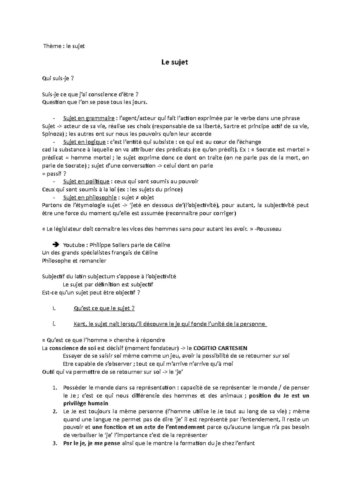 Philo Le sujet - Thème : le sujet Le sujet Qui suis-je ? Suis-je ce que ...