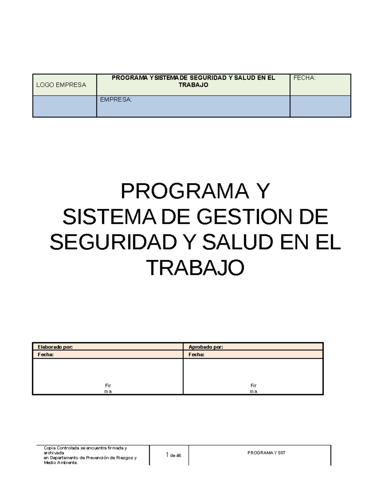 Modelo Programa Y Sistema DE Gestion DE Seguridad Y Salud EN EL Trabajo V3 - LOGO EMPRESA ...