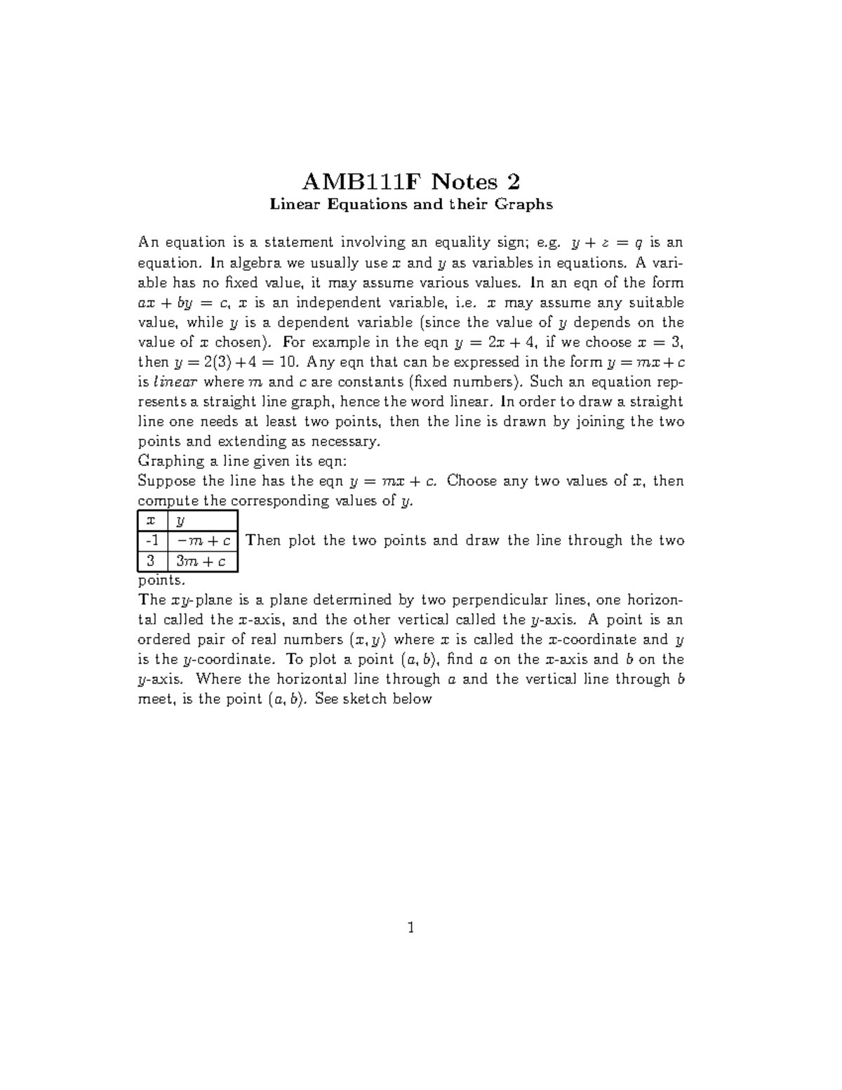 AMB111F notes 2 Linear - AMB111F Notes 2 Linear Equations and their ...