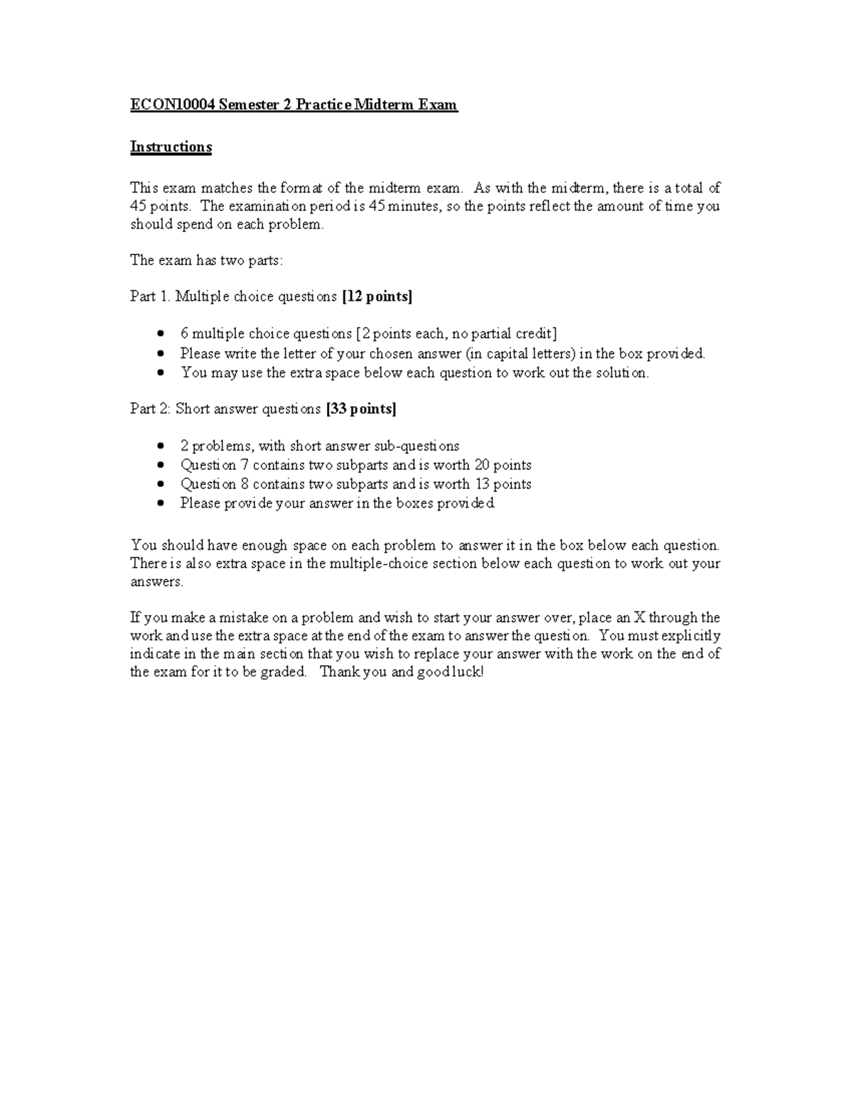 ECON10004 Sample Midterm Exam 2024 S2 - ECON10004 Semester 2 Practice ...