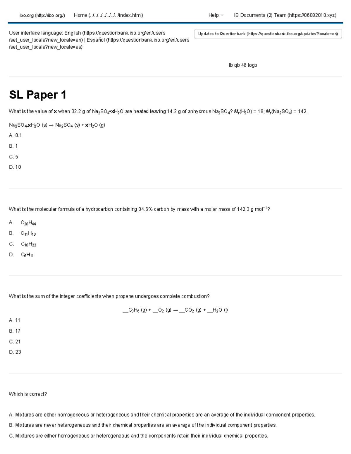 Chem SL T1 P1 Q 1 - ib past paper - User interface language: English ...