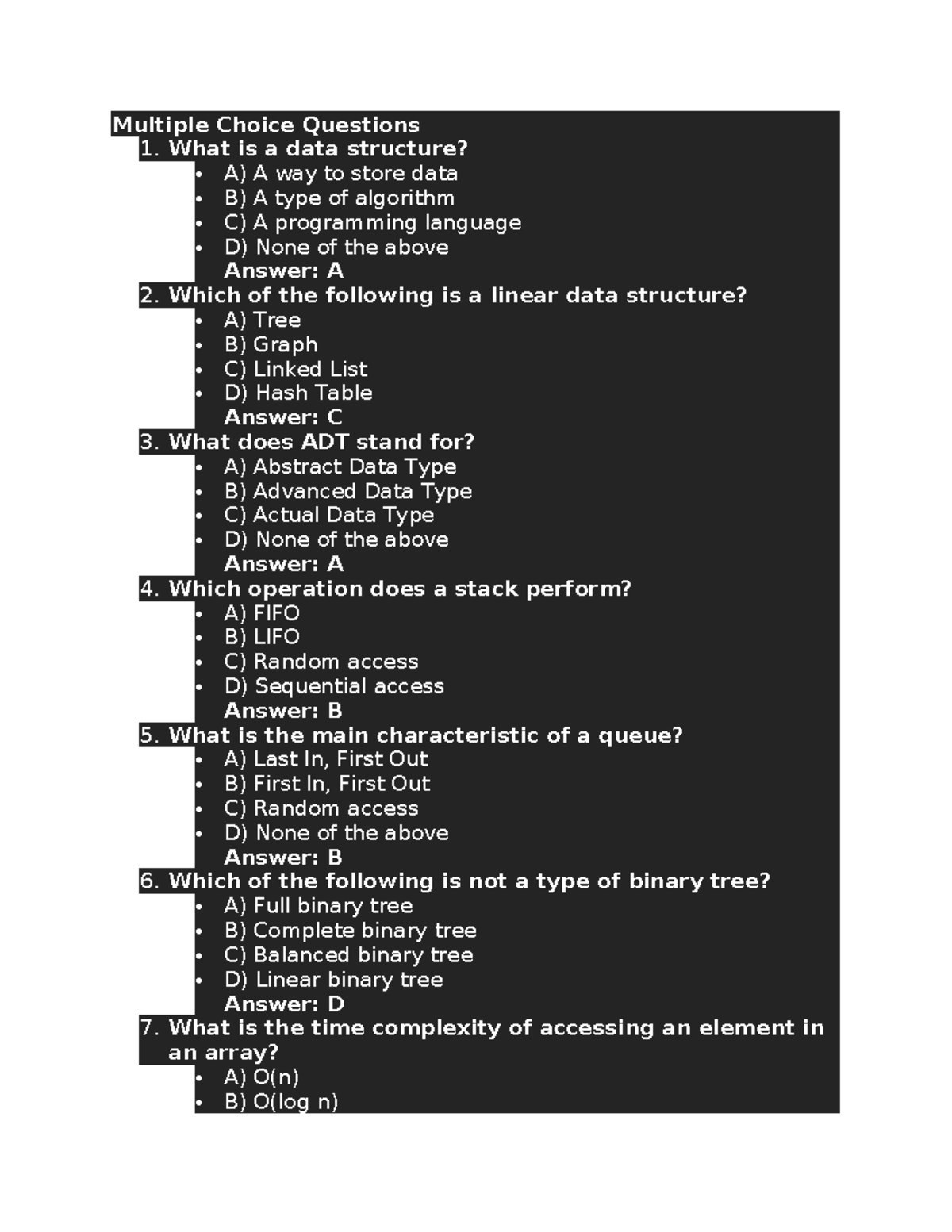 Algo q&a - note - Multiple Choice Questions 1. What is a data structure? A) A way to store data ...