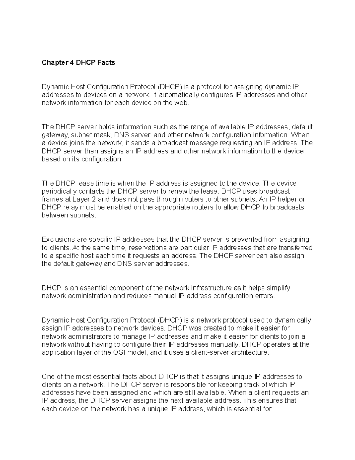 Chapter 4 Dhcp Facts Chapter 4 Dhcp Facts Dynamic Host Configuration Protocol Dhcp Is A