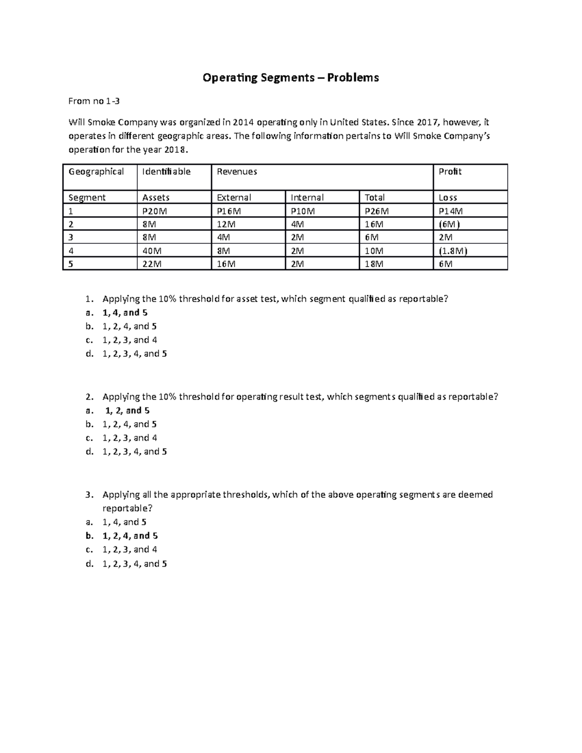 Operating Segments problems sample - Operating Segments – Problems From no 1- Will Smoke Company ...
