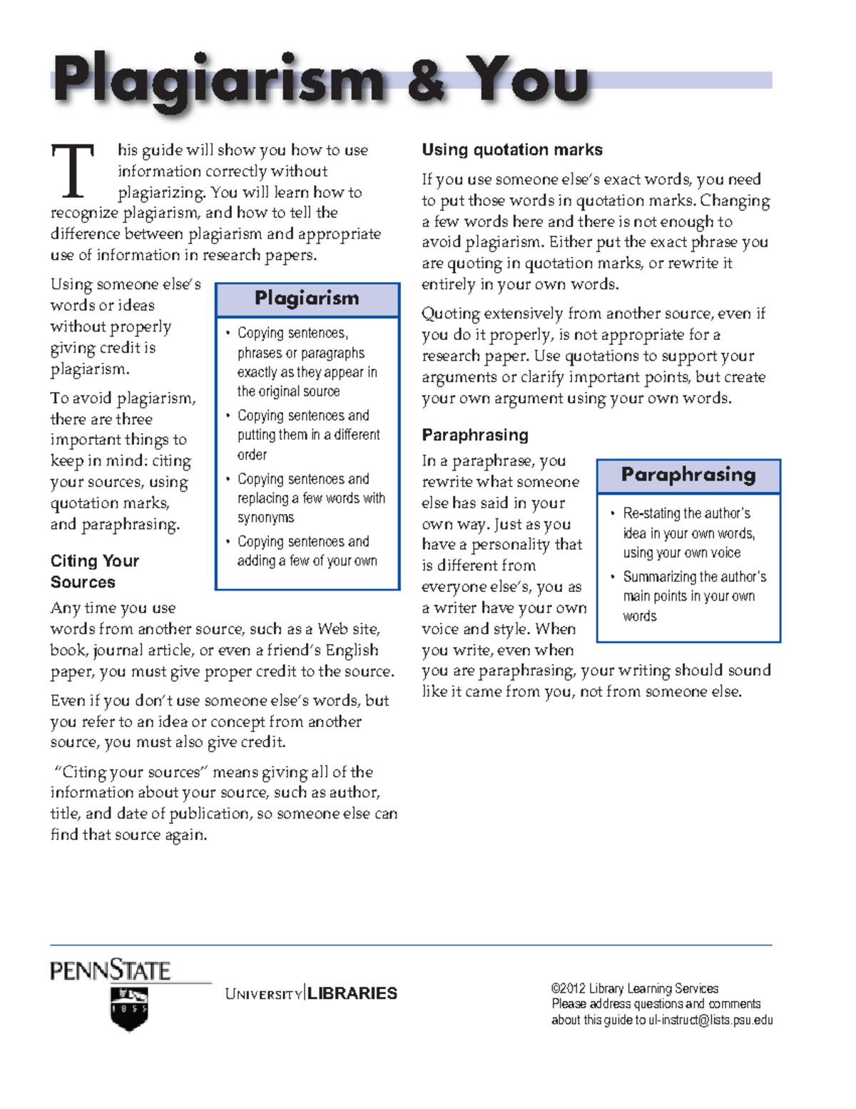 Plagiarism Handout 2012 - T his guide will show you how to use ...