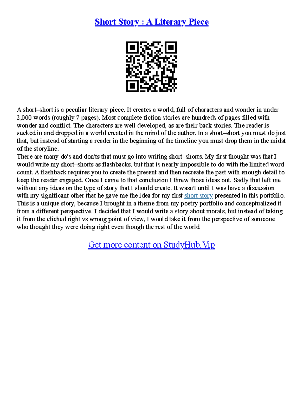 Short Story Essay Example - Short Story : A Literary Piece A short ...