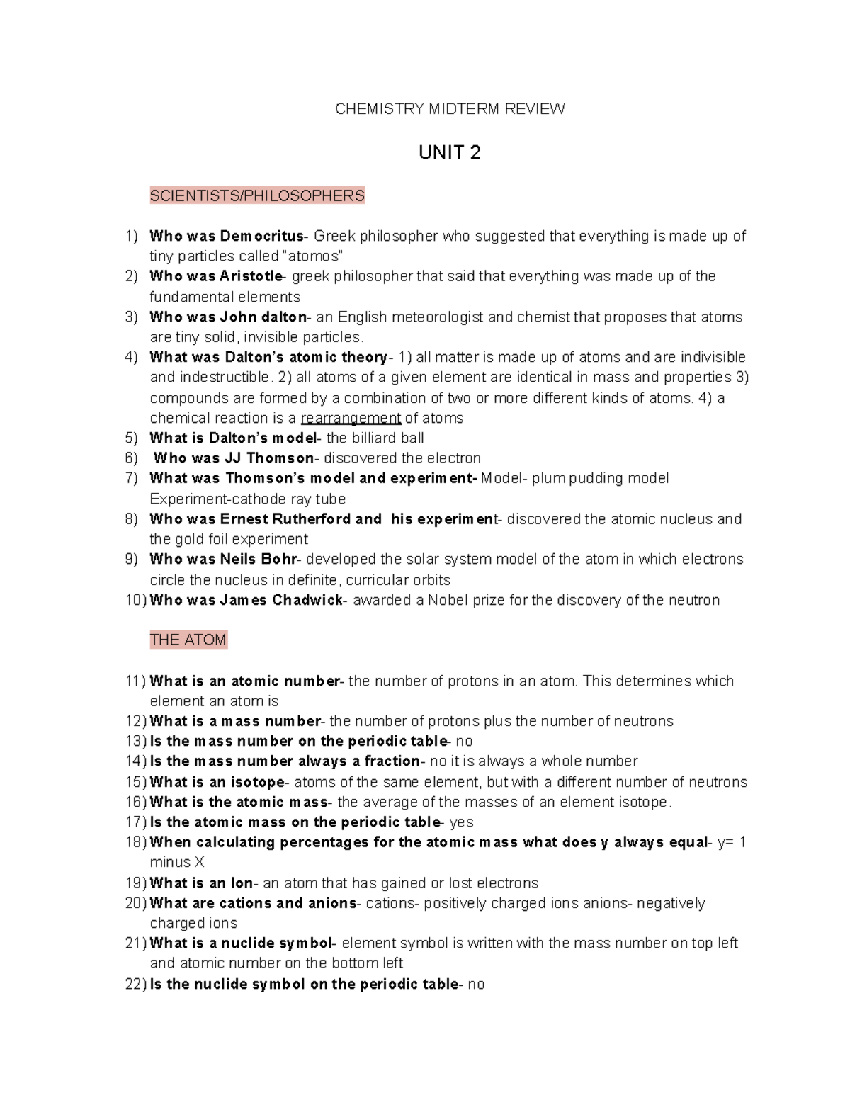 Chemistry midterm review - Google Docs - CHEMISTRY MIDTERM REVIEW UNIT 2 SCIENTISTS/PHILOSOPHERS ...
