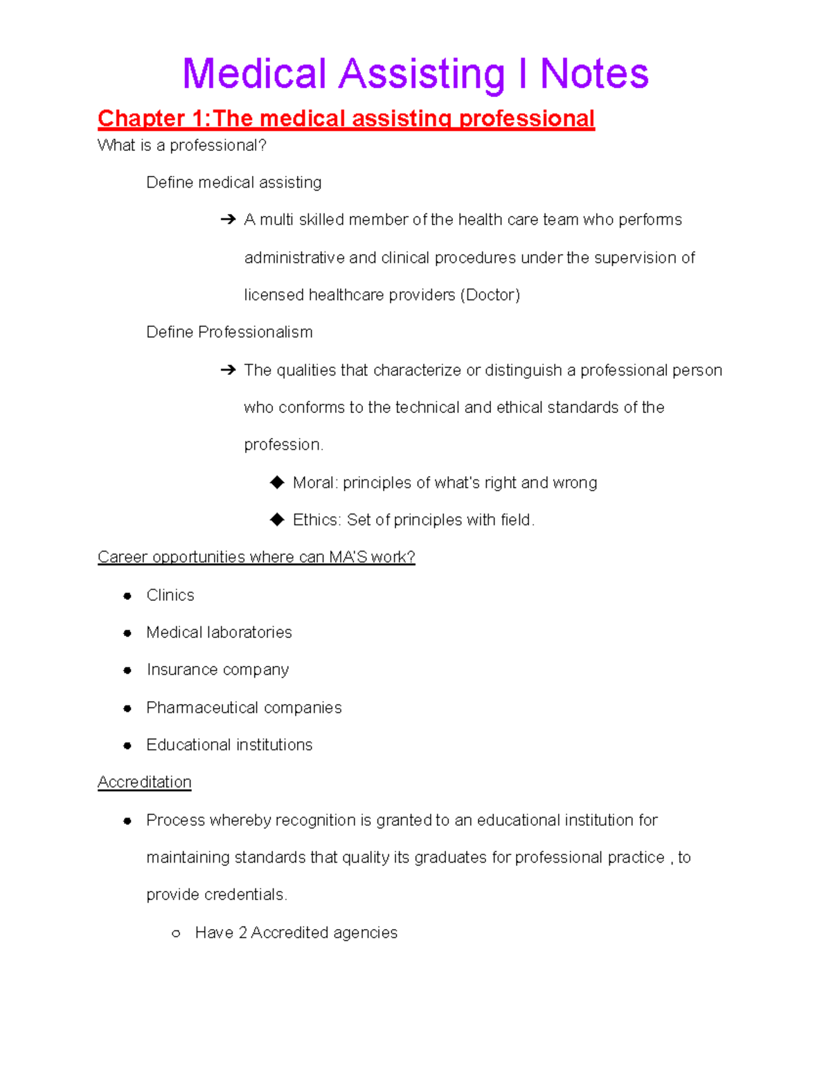 Medical assistant 1 notes - Chapter 1:The medical assisting ...