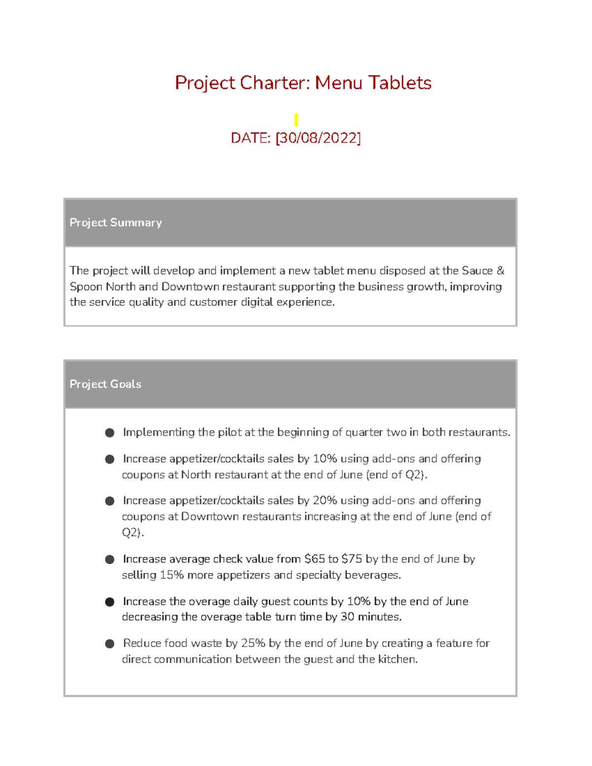 Task - Project Charter Menu Tablets - Project Charter: Menu Tablets DATE: [30/08/2022] Project ...