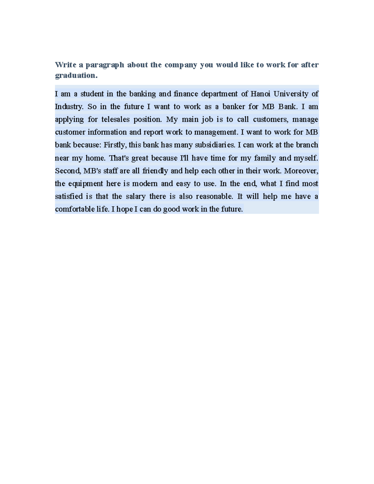 Unit3 - KHóa học - Write a paragraph about the company you would like ...