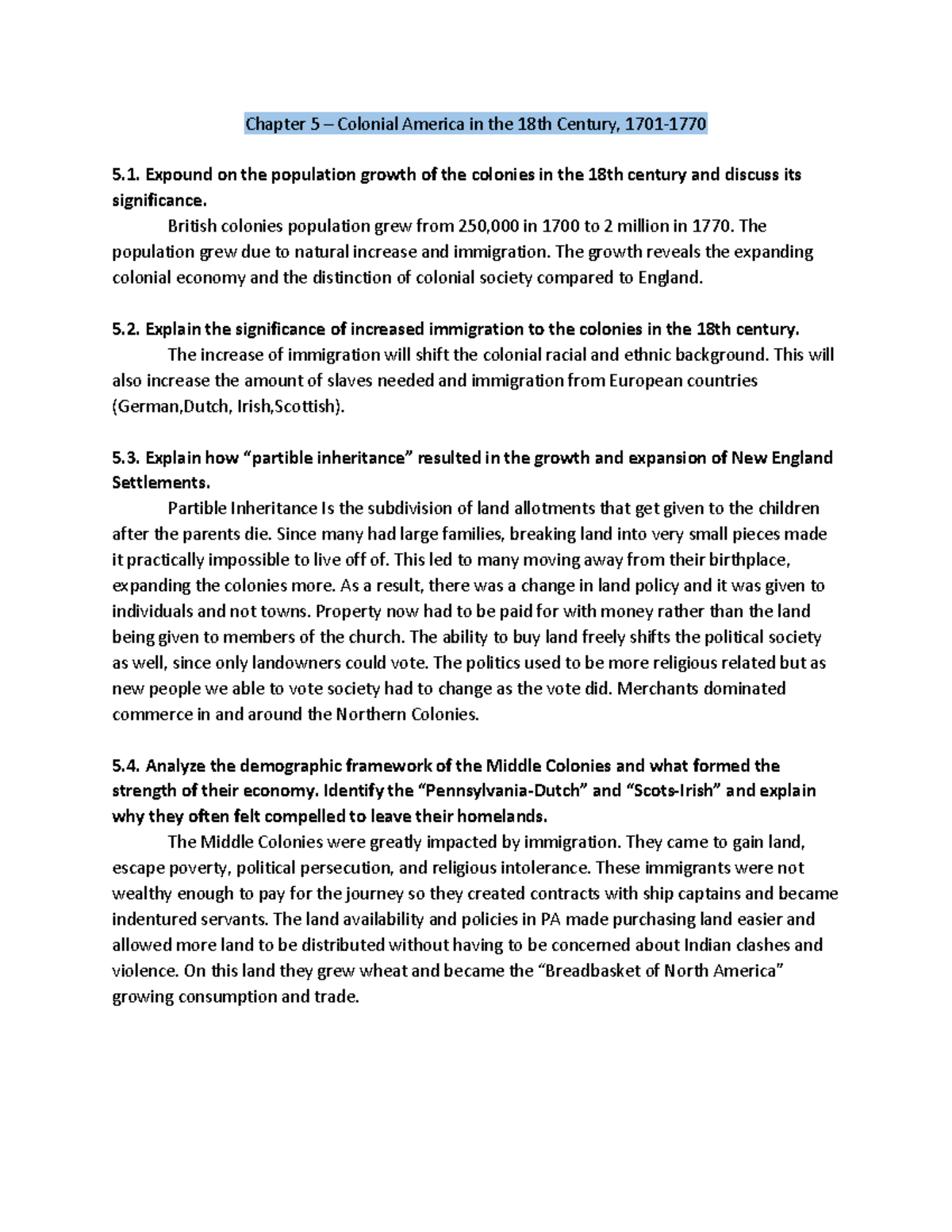 US History Exam Objectives - Chapter 5 – Colonial America in the 18th ...