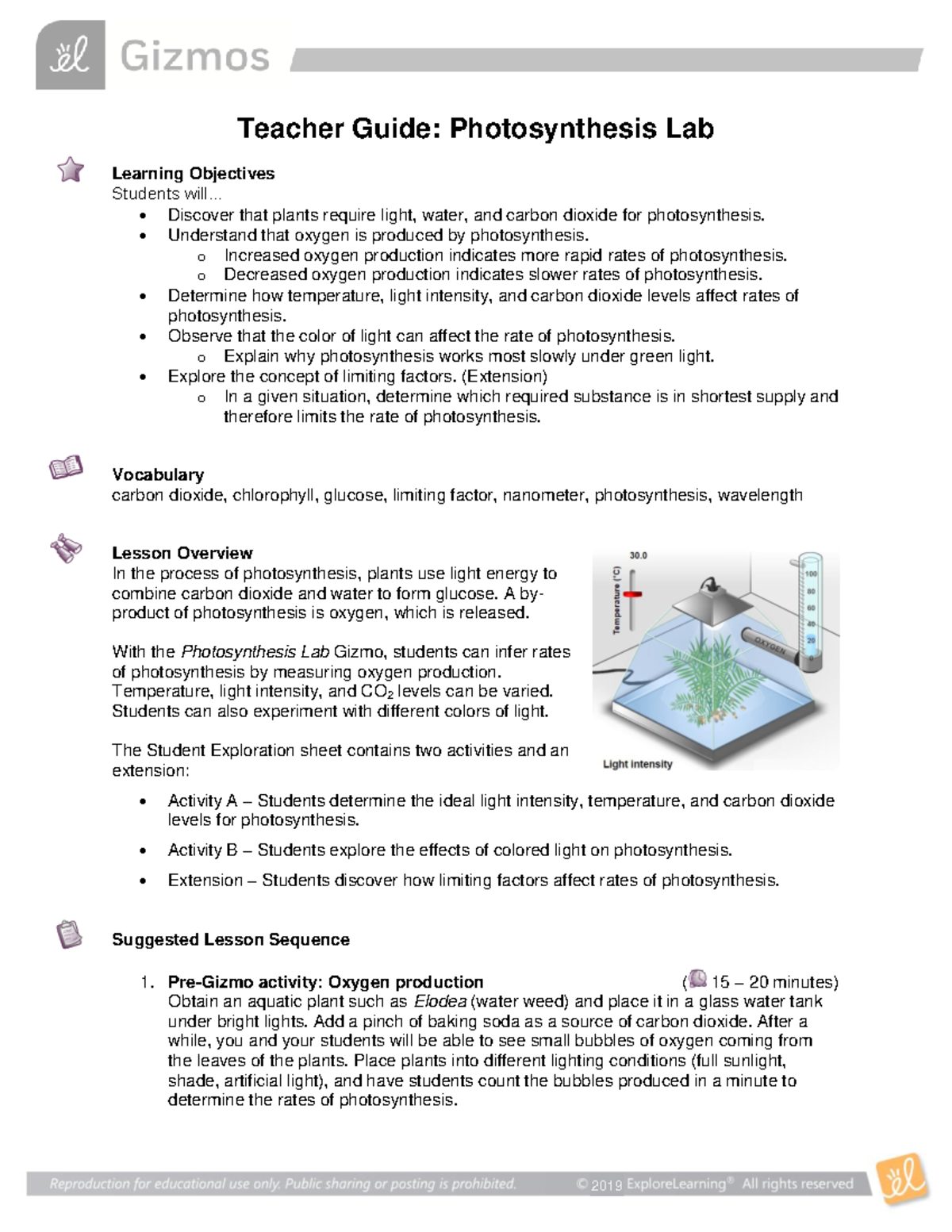 Photosynthesis Lab TG - Science - 2019 Teacher Guide: Photosynthesis ...