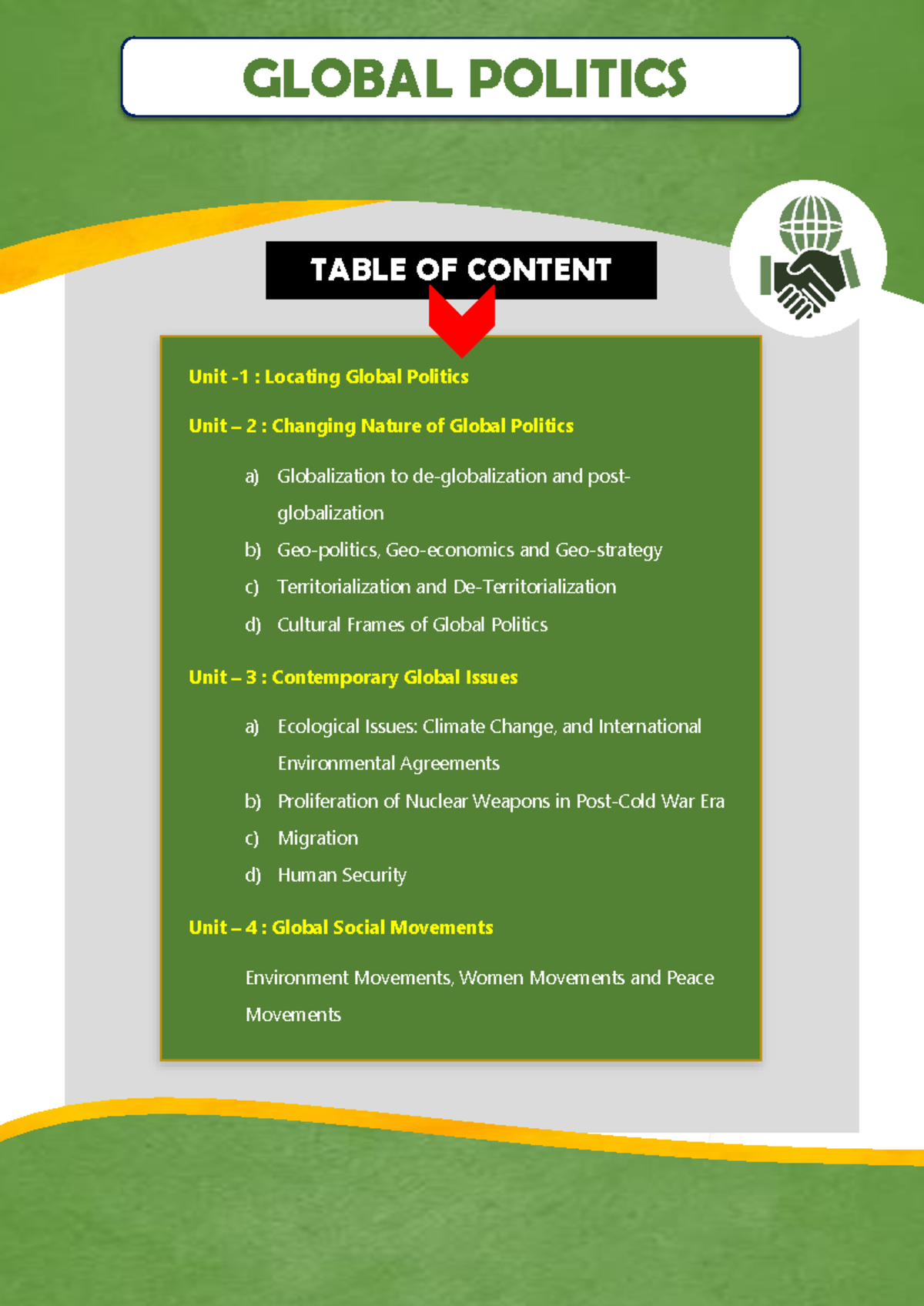 Global Politics IN English - GLOBAL POLITICS TABLE OF CONTENT Unit - 1 ...