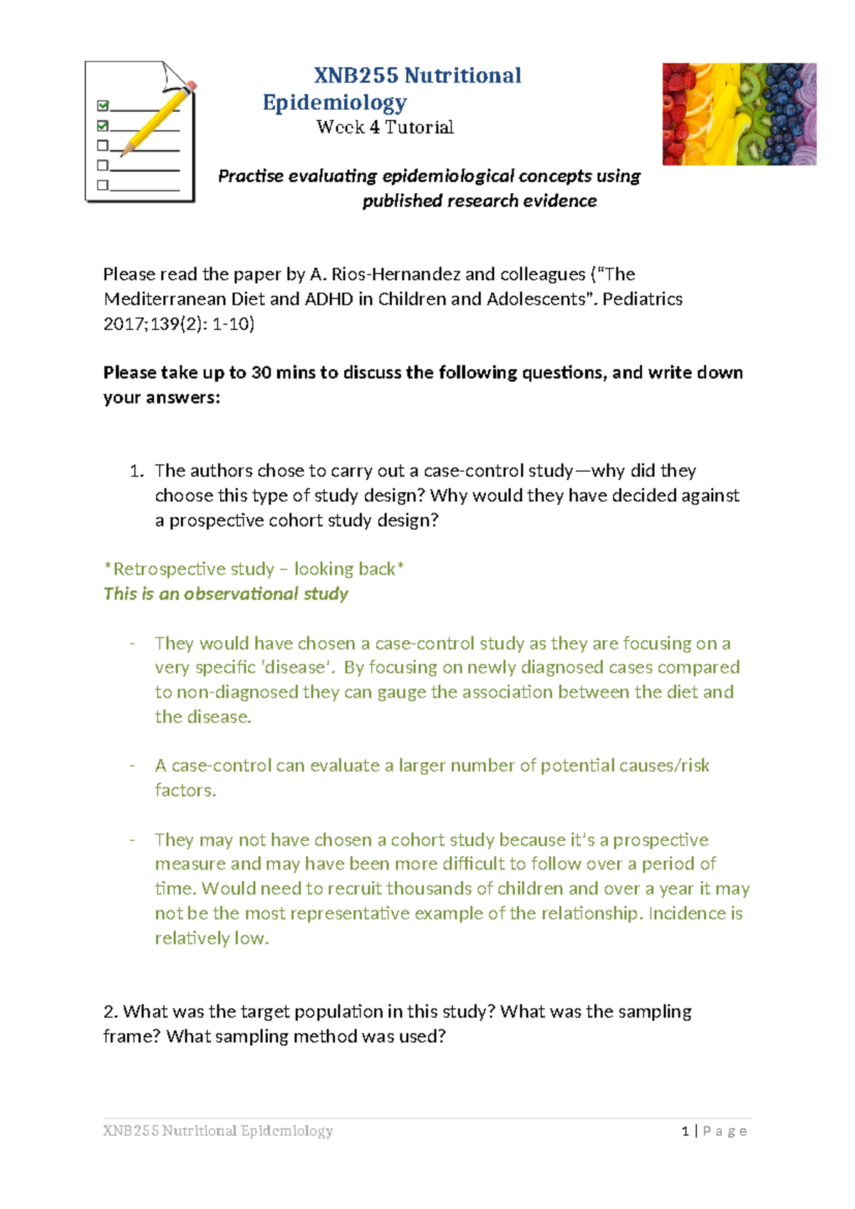XNB255 - Tutorial Week 4 worksheet - XNB255 Nutritional Epidemiology ...