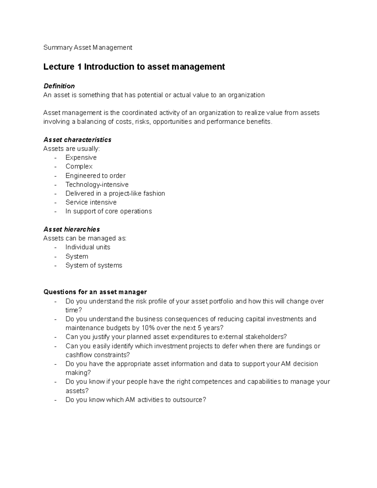 Asset management summary - Summary Asset Management Lecture 1 ...