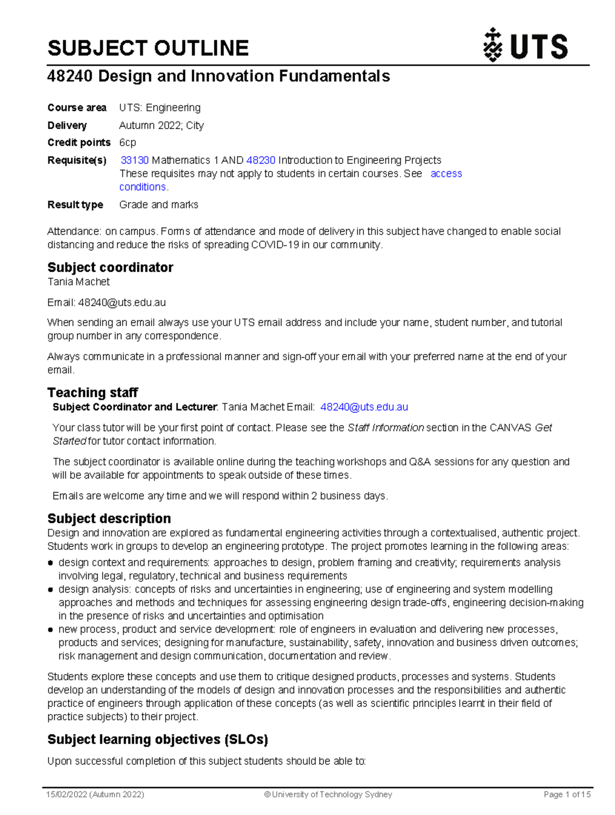 Subject outline 2244 - SUBJECT OUTLINE 48240 Design and Innovation ...