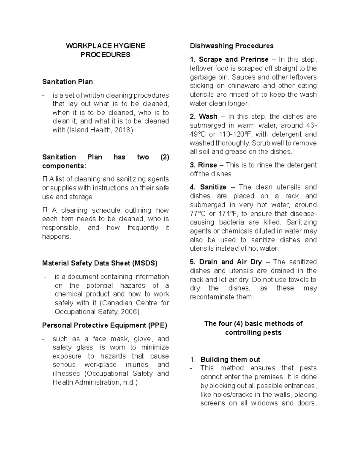 Reviewer IN RISK Management (Midterm) - WORKPLACE HYGIENE PROCEDURES ...