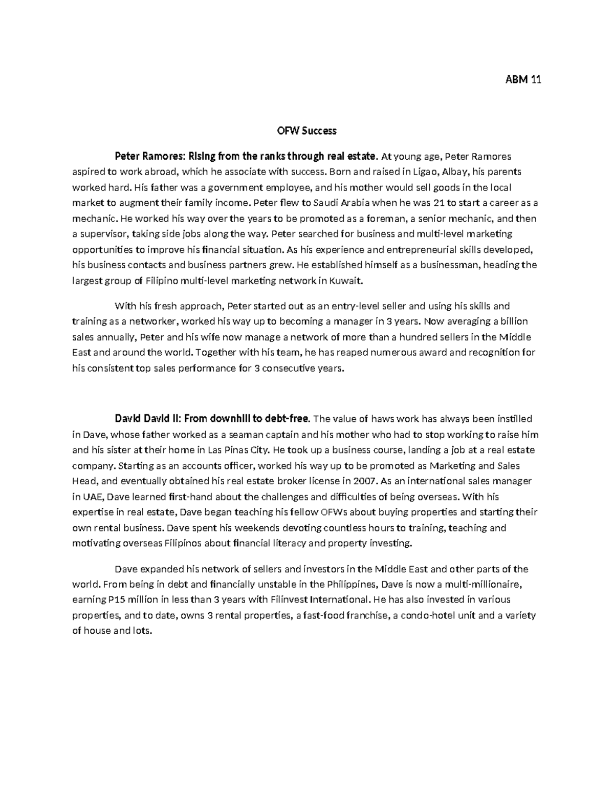 21st - 21st century assignment - ABM 11 OFW Success Peter Ramores ...