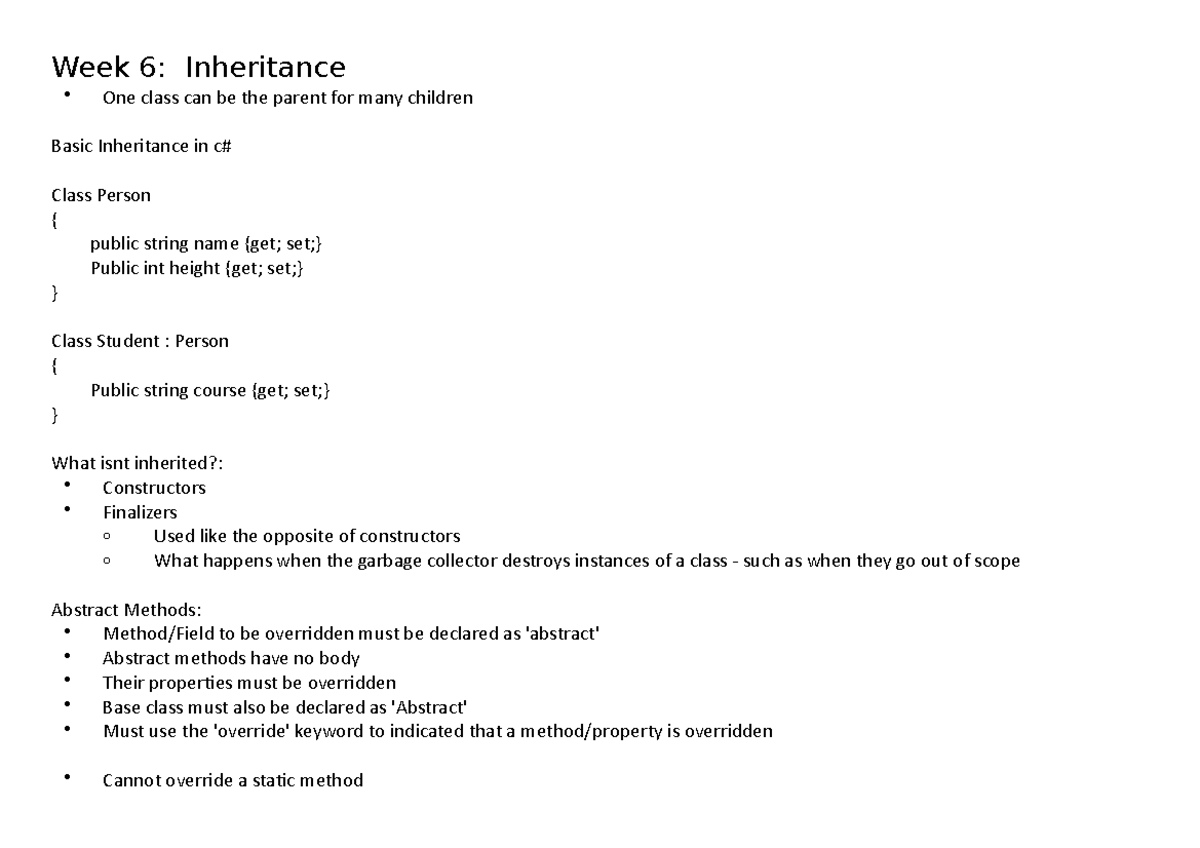 OOP A Week 6 Inheritance - Week 6: Inheritance One class can be the parent for many children ...