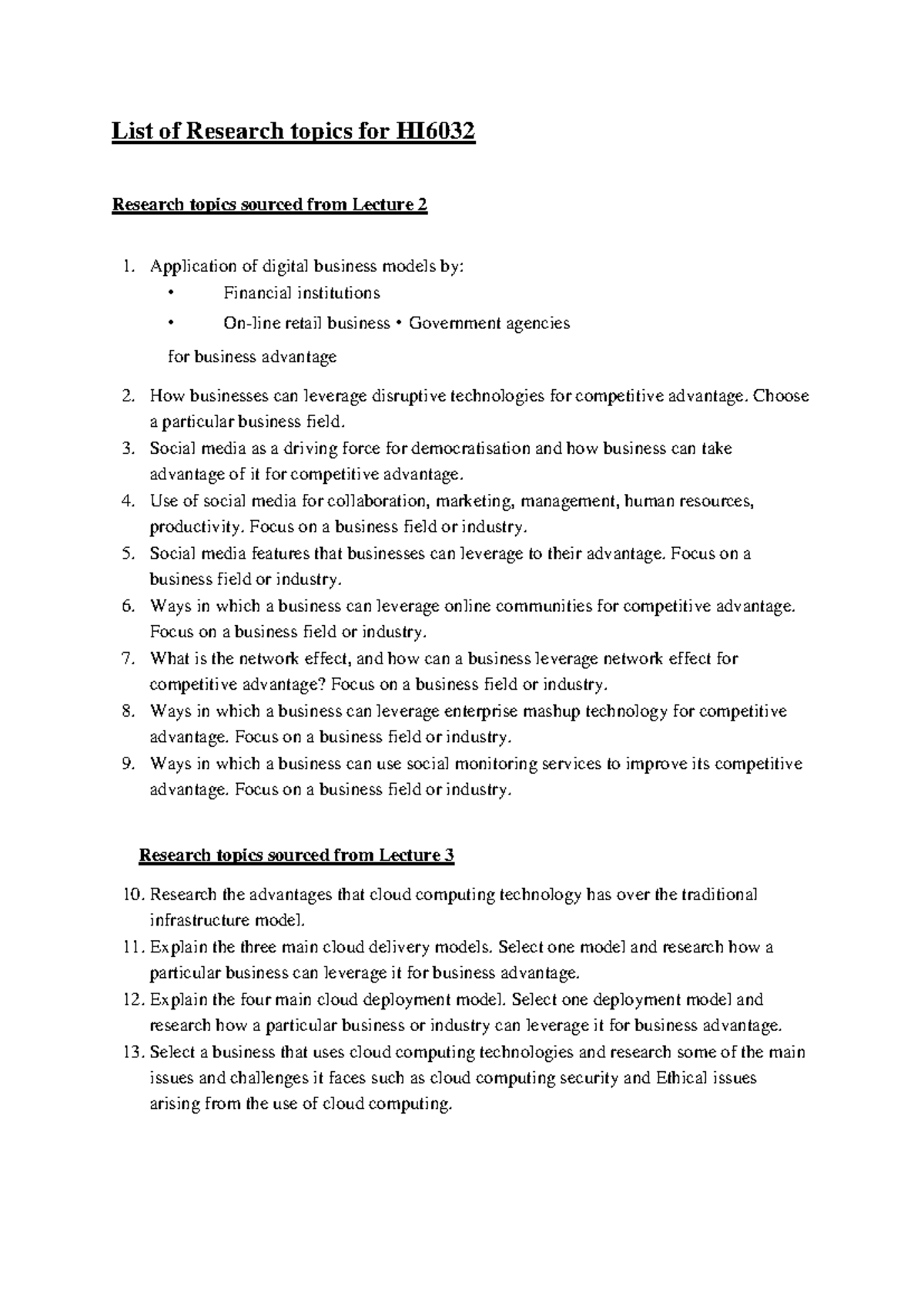 List of Research topics for Group Assessment - List of Research topics ...