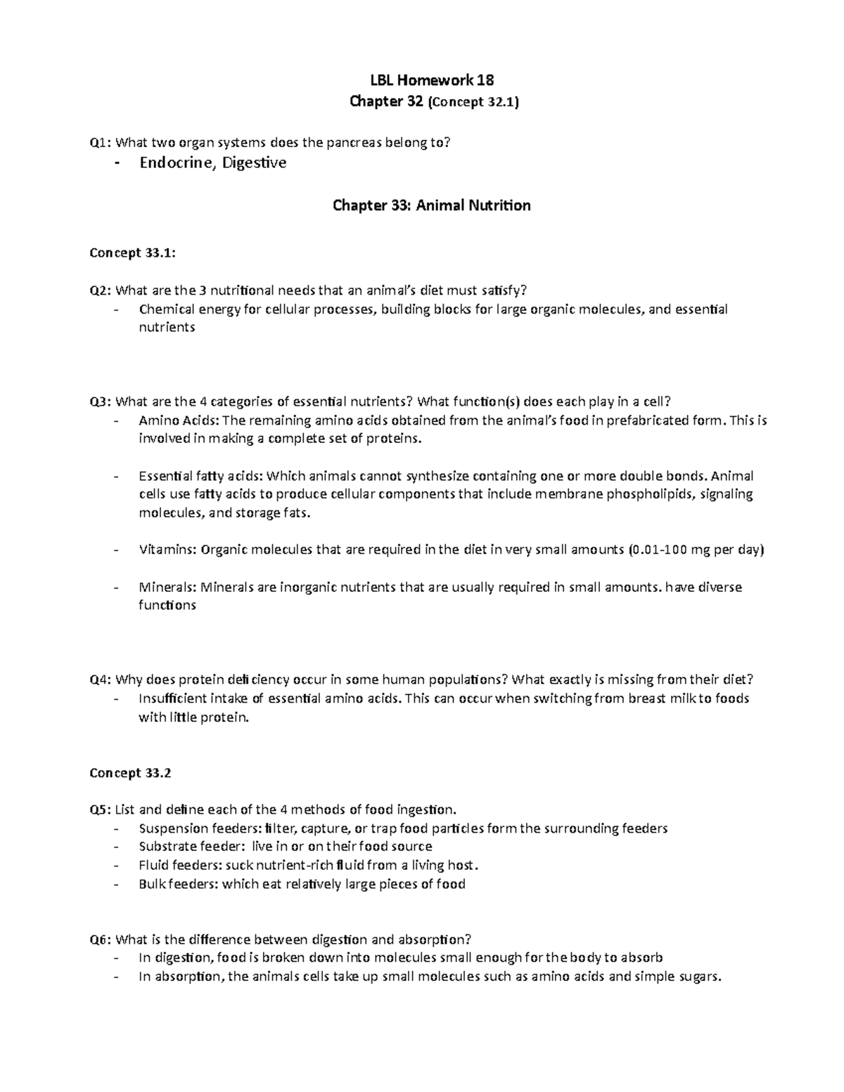 LBL18 - Animals Nutrition - LBL Homework 18 Chapter 32 (Concept 32) Q1 ...