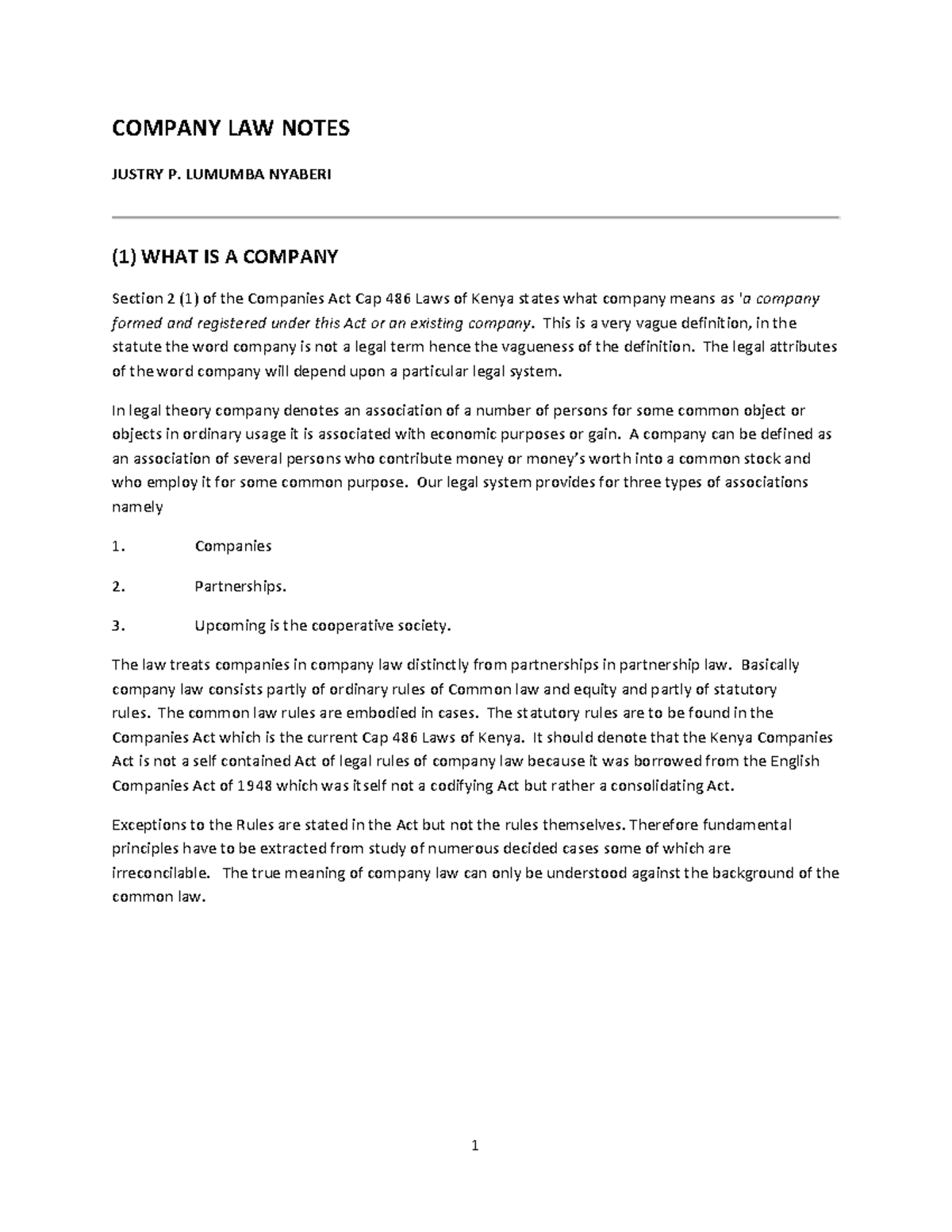 Company LAW Notes 2018 Final-1 - COMPANY LAW NOTES JUSTRY P. LUMUMBA ...