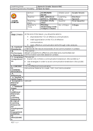 First Q- Lesson Exemplar G7 SSC Speech Sept 7-Sept - Learning Area ...