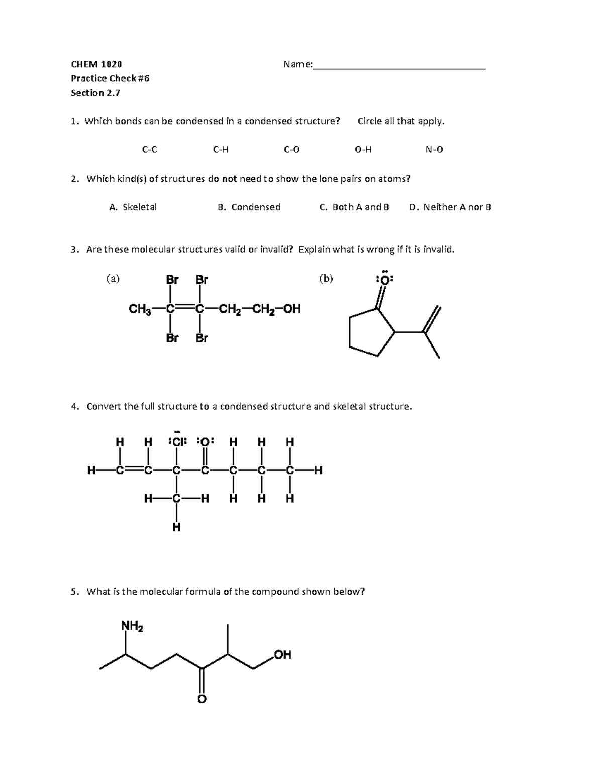 CHEM 1020 Practice Exercise 2 - CHEM 1020 Name ...