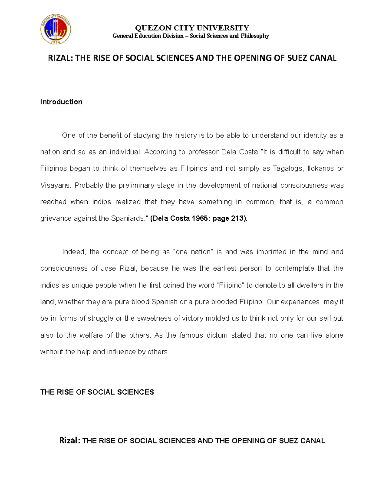 THE RISE OF Social Sciences AND THE Opening OF SUEZ Canal Notes - Rizal ...