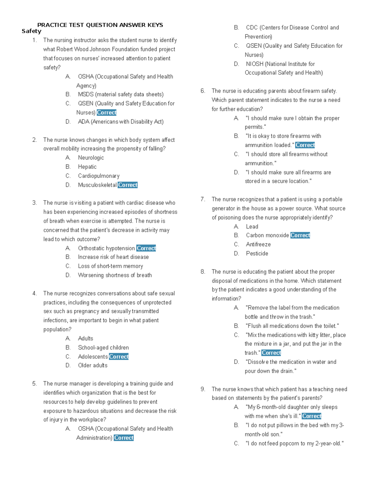 Answer Key to Practice Questions - PRACTICE TEST QUESTION ANSWER KEYS ...