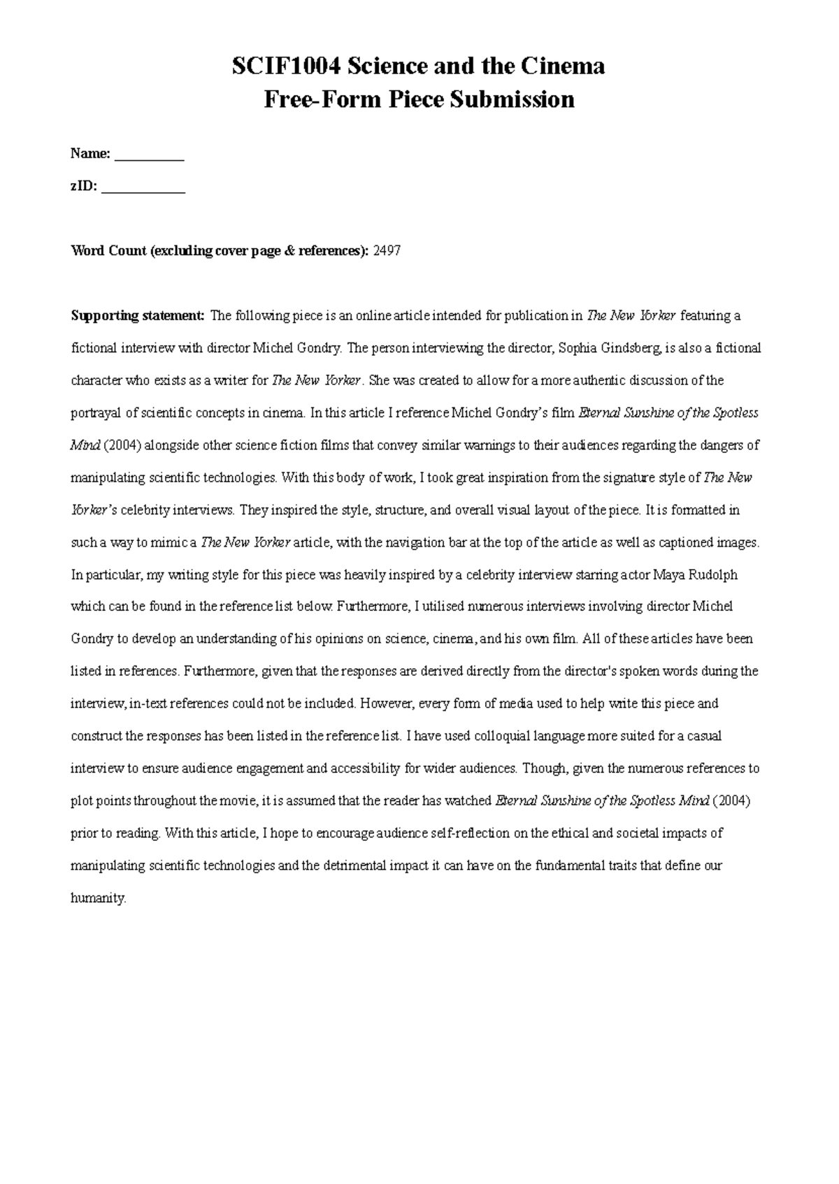 SCIF final assignment free-form piece - SCIF1004 Science and the Cinema ...