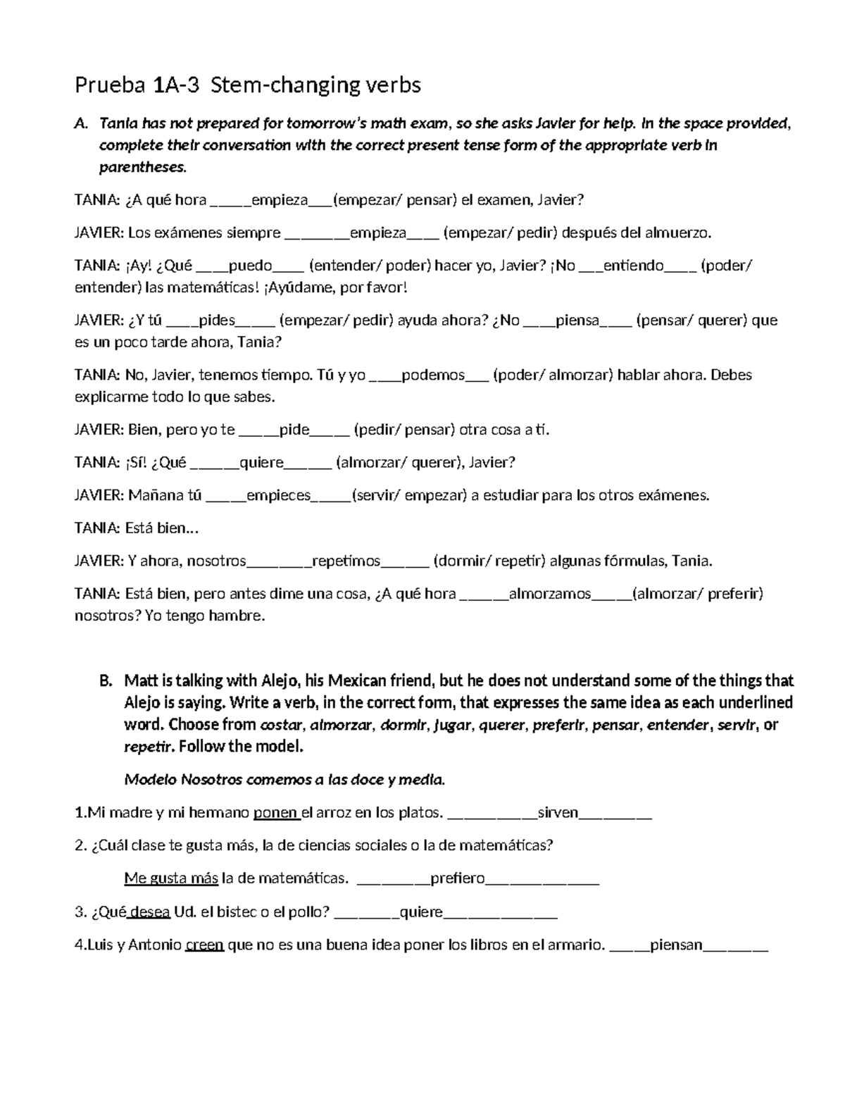 Stem Changing Verbs - realidades - Prueba 1A-3 Stem-changing verbs A ...
