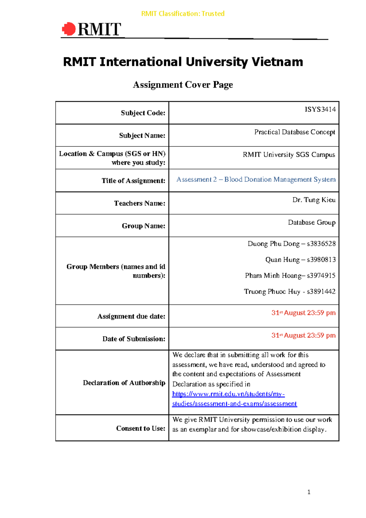ISYS3414 Database Group Assessment 2 Report - RMIT International University Vietnam Assignment ...