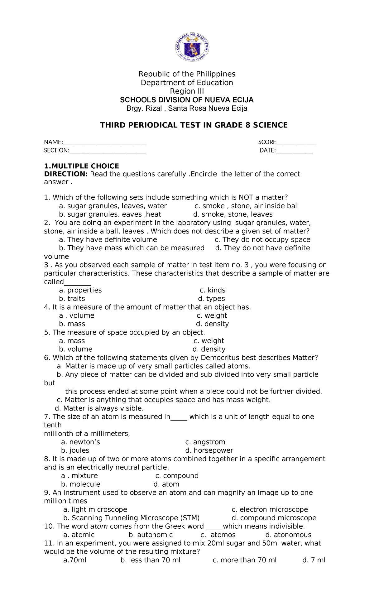 Grade 8 Regualr Science - Republic of the Philippines Department of ...
