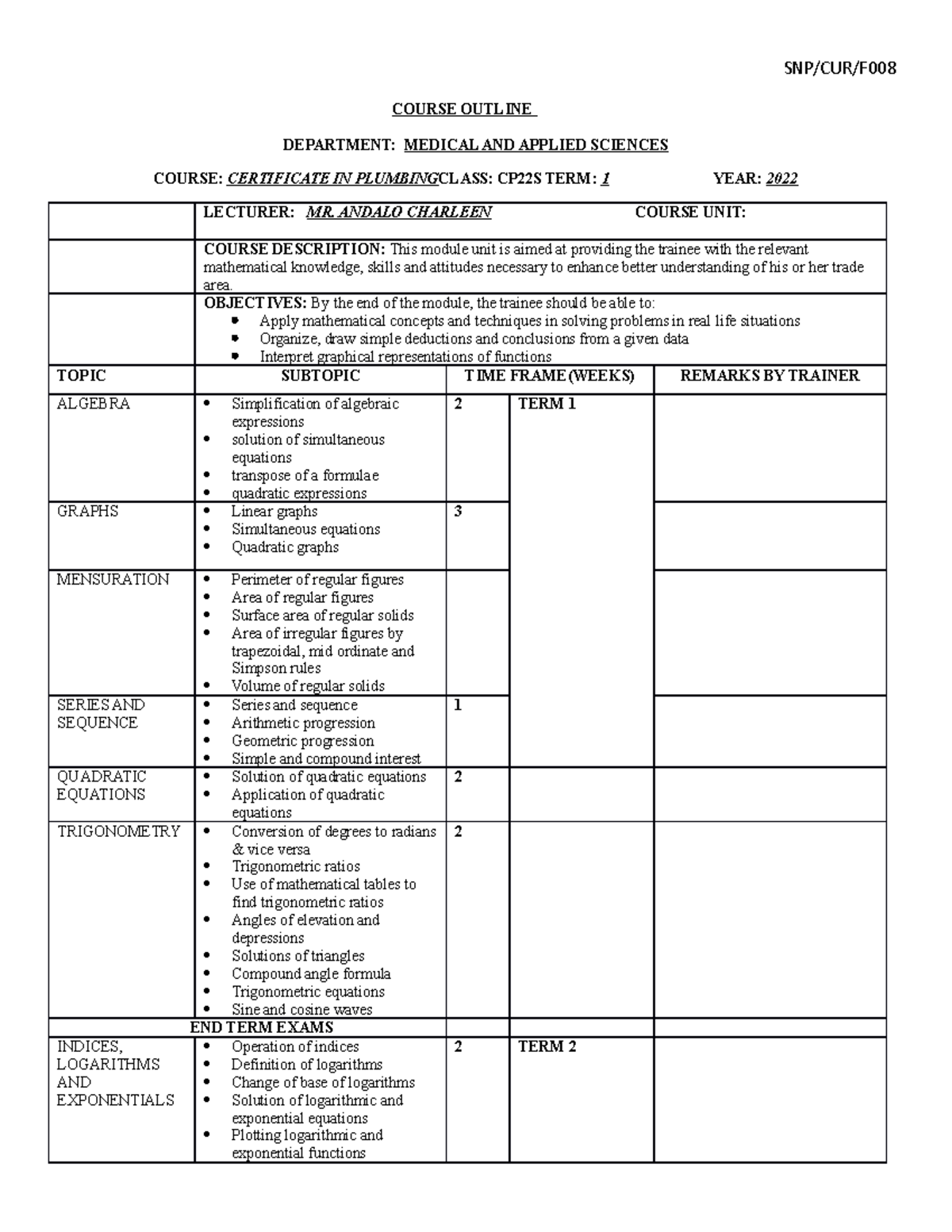 Cp Course Outline Form Snpcurf Course Outline Department Medical And Applied Sciences