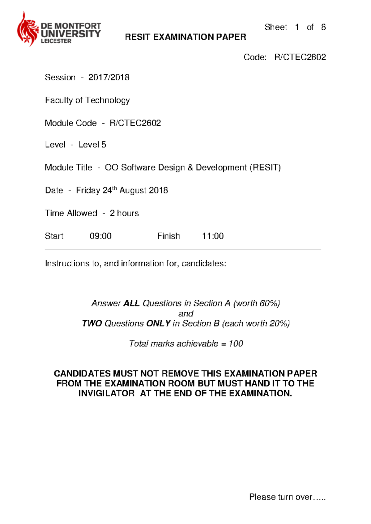 CTEC2602 2018 Resit Exam - Sheet 1 of 8 RESIT EXAMINATION PAPER Code: R ...