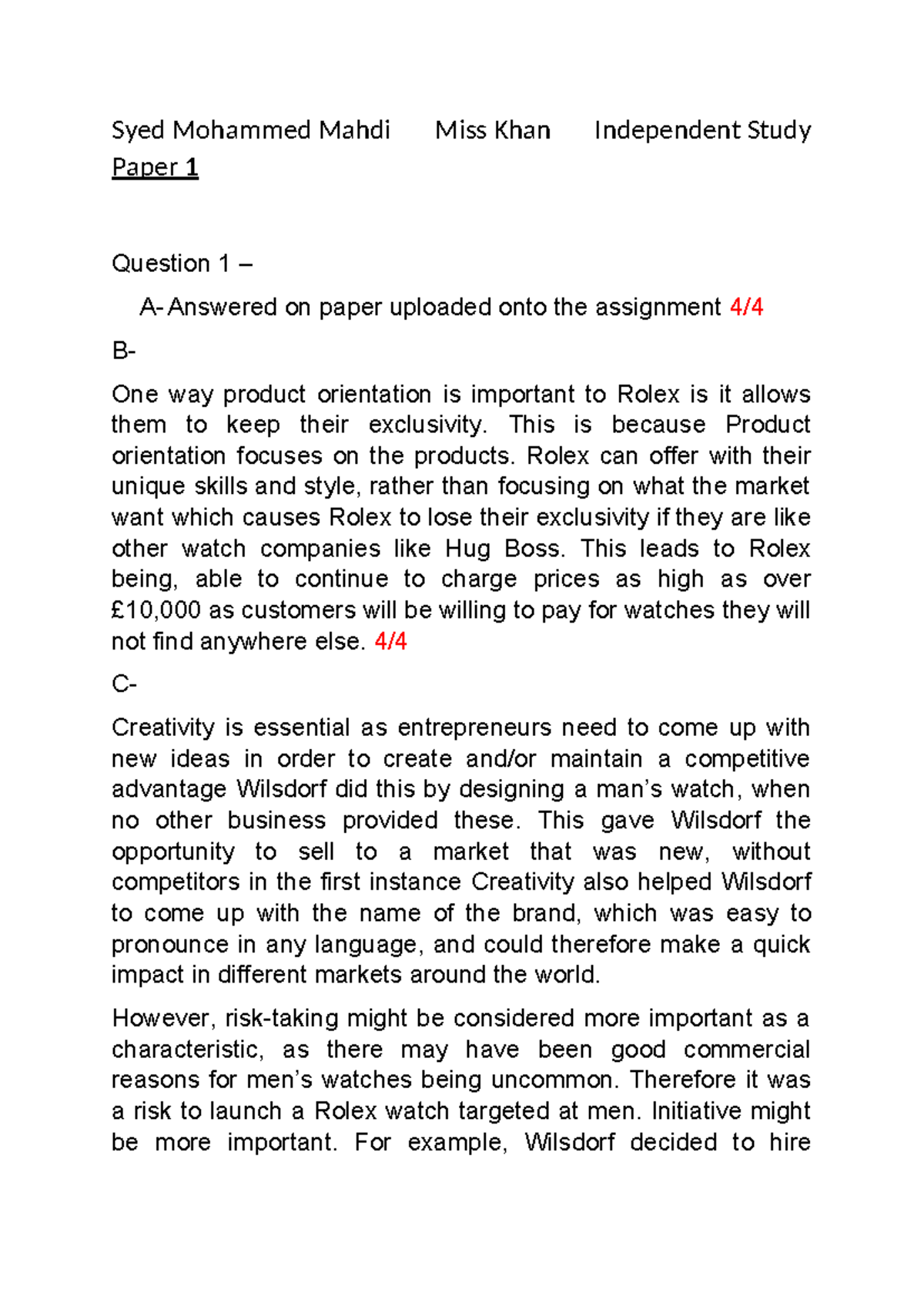 Miss Khan Independent Study (Paper 1) - Syed Mohammed Mahdi Miss Khan ...