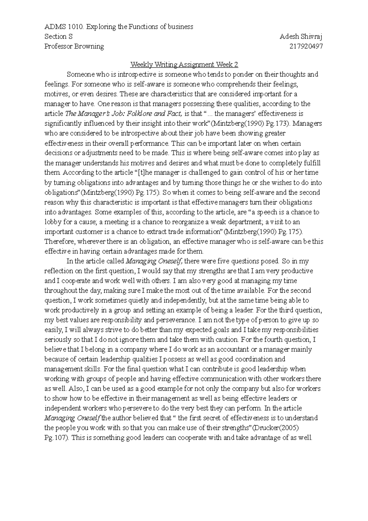 ADMS 1010 Weekly Assignment - ADMS 1010. Exploring the Functions of business Section S Adesh ...