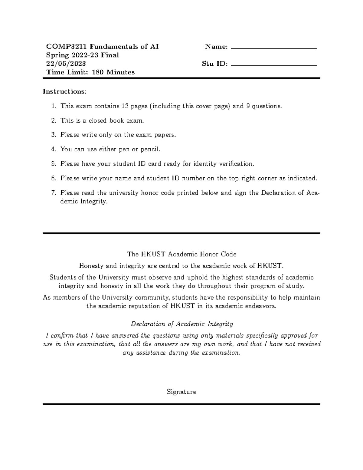 2023 Final Exam - COMP3211 Fundamentals of AI Name: Spring 2022-23 ...