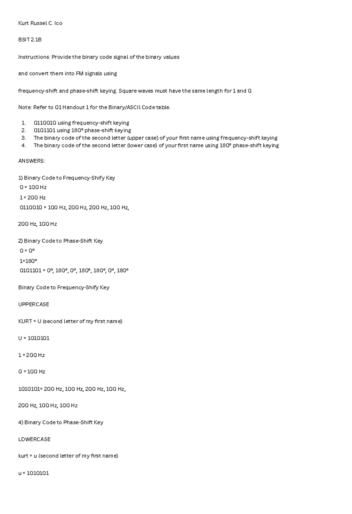 Instructions Provide The Binary Code Signal Of The Binary Values Kurt