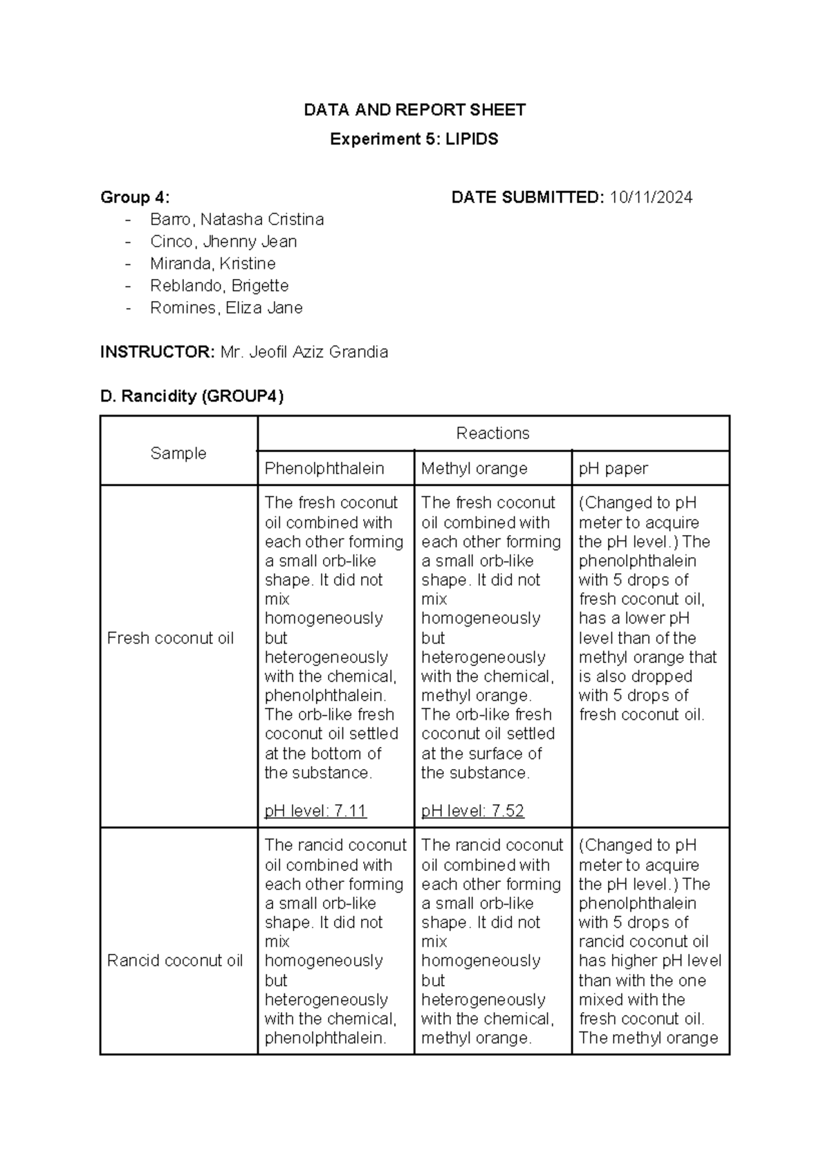 Biochem LAB - G4 Experiment 5 Lipids - DATA AND REPORT SHEET Experiment ...