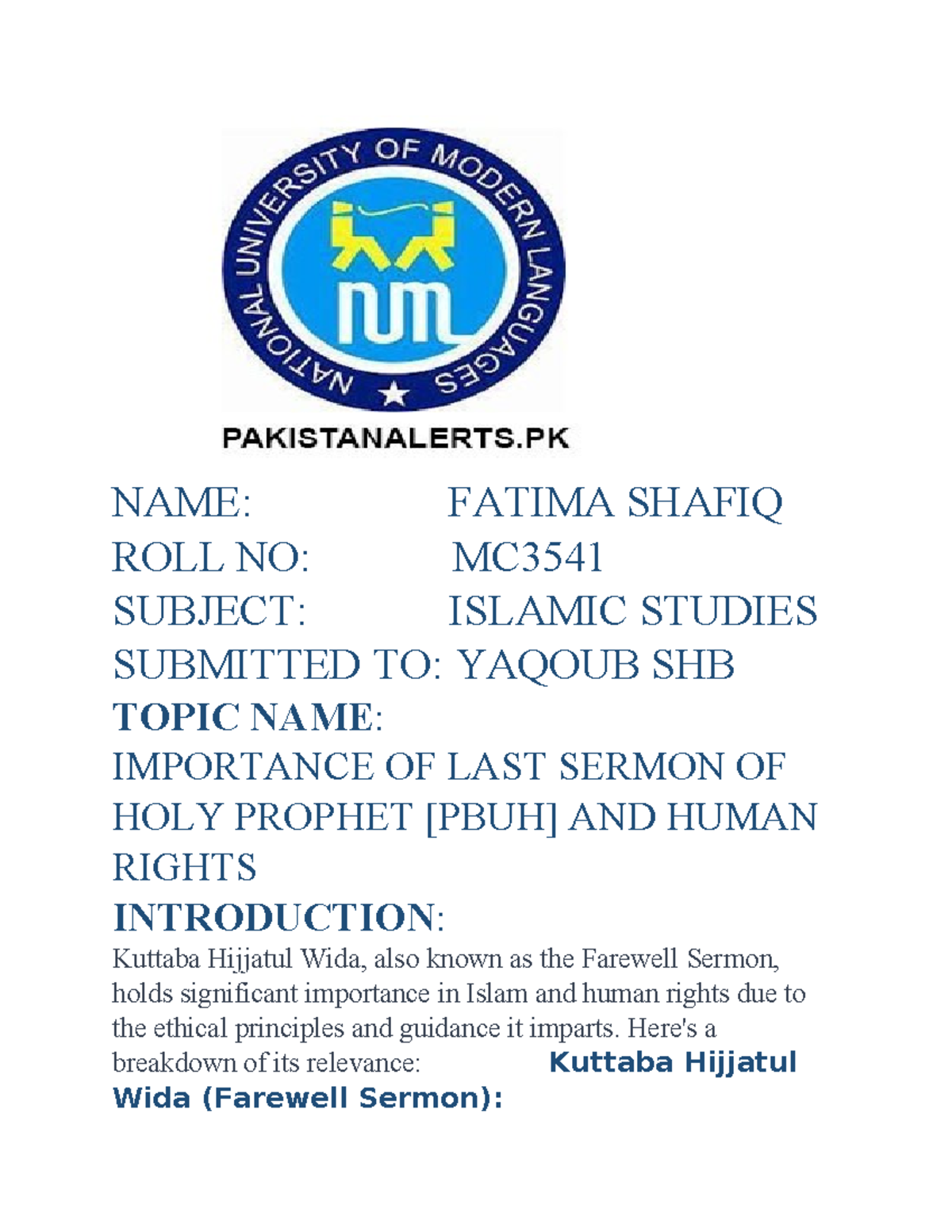 Islamic Studies - NAME: FATIMA SHAFIQ ROLL NO: MC SUBJECT: ISLAMIC ...
