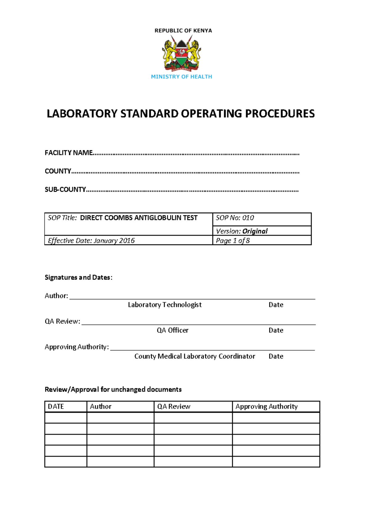Direct coombs antiglubulin test - LABORATORY STANDARD OPERATING ...
